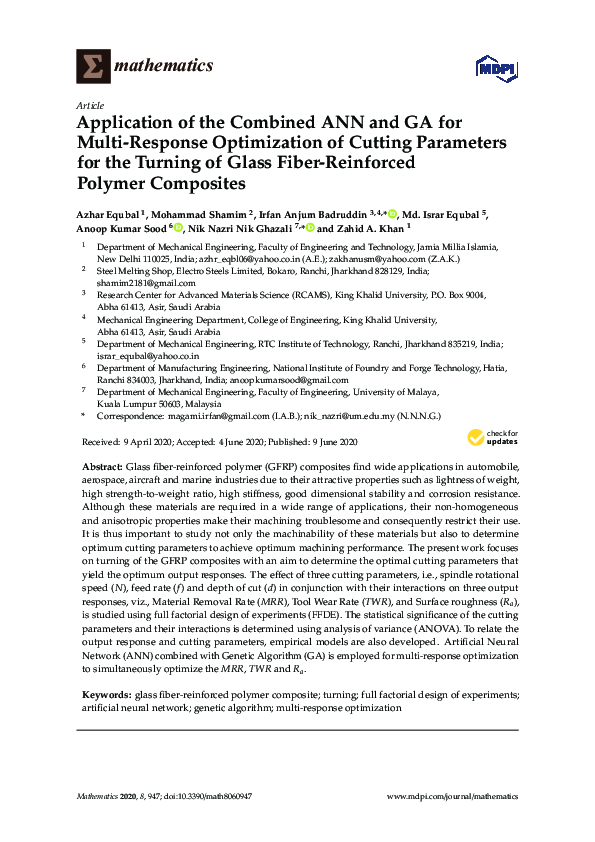 (PDF) Application of the Combined ANN and GA for Multi-Response Optimization of Cutting ...