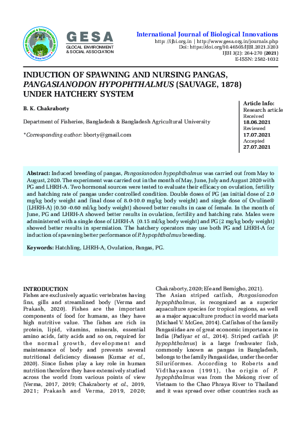 (PDF) Induction of spawning and nursing pangas, Pangasianodon ...