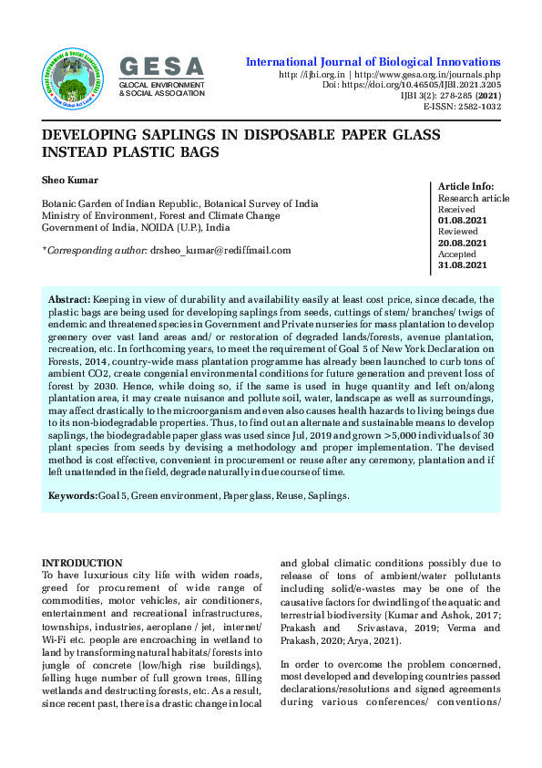 (PDF) Developing saplings in disposable paper glass instead plastic bags.