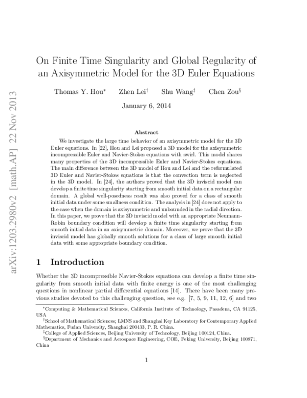 Pdf On Finite Time Singularity And Global Regularity Of An Axisymmetric Model For The 3d Euler