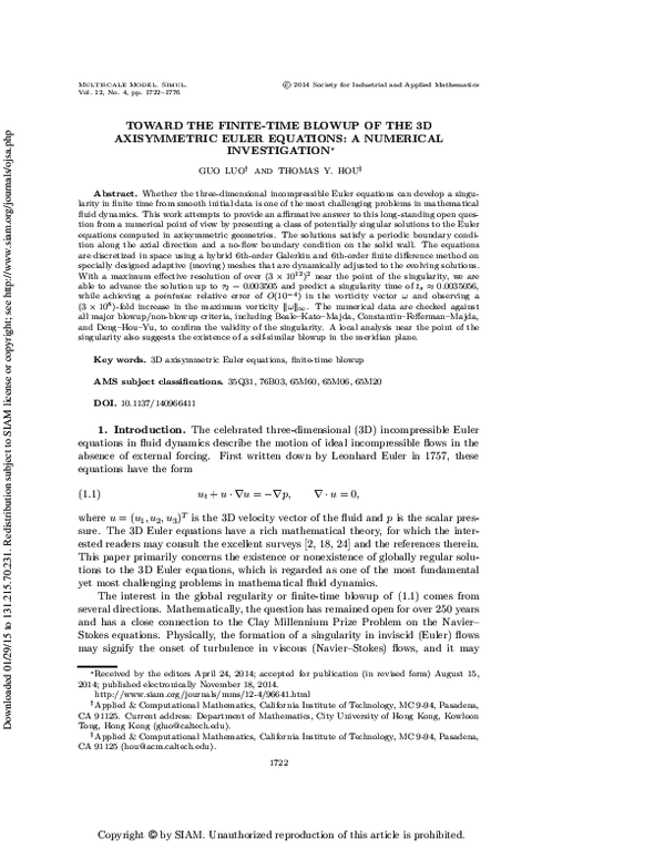 Pdf Toward The Finite Time Blowup Of The 3d Axisymmetric Euler Equations A Numerical