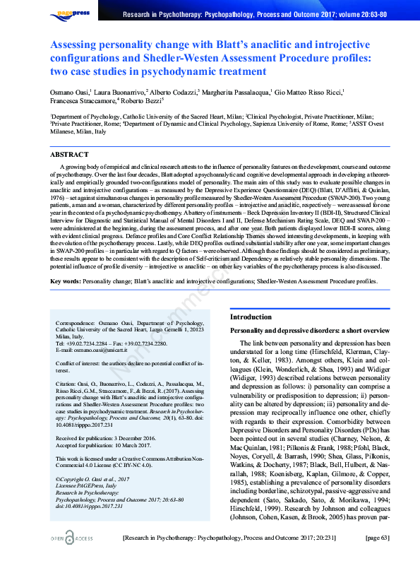 (PDF) Assessing personality change with Blatt’s anaclitic and ...