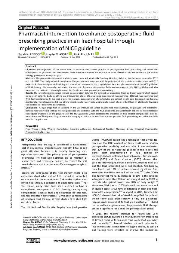 (PDF) Pharmacist intervention to enhance postoperative fluid ...