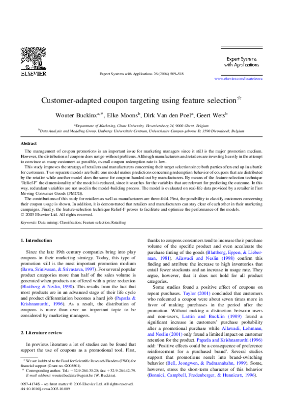 (PDF) Customer-adapted coupon targeting using feature selection☆