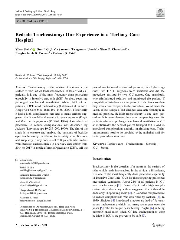 (PDF) Bedside Tracheostomy: Our Experience in a Tertiary Care Hospital