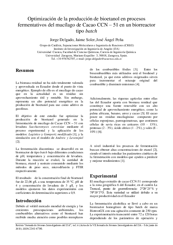 (PDF) Optimización de la producción de bioetanol en procesos fermentativos del mucílago de Cacao ...