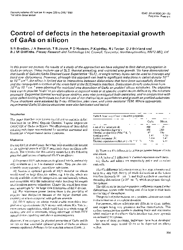 (PDF) Control of defects in the heteroepitaxial growth of GaAs on silicon