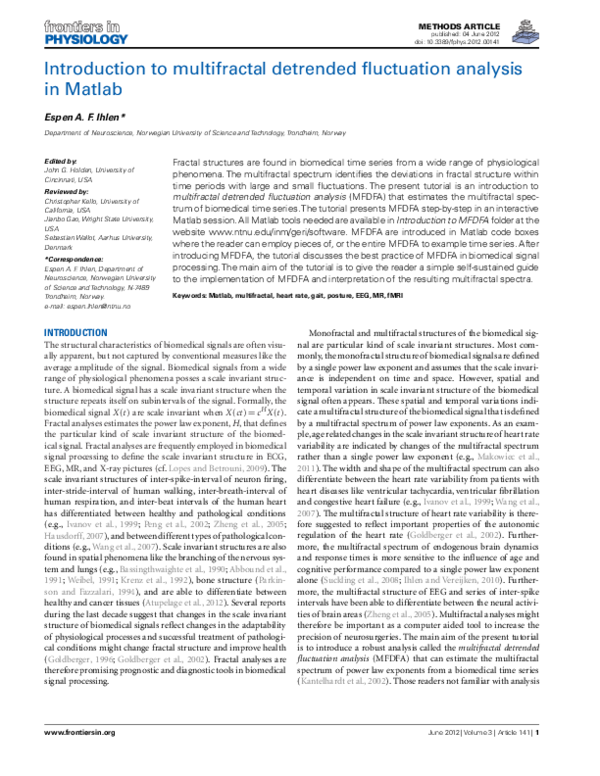 Pdf Introduction To Multifractal Detrended Fluctuation Analysis In Matlab