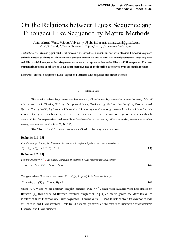 (PDF) On the Relations between Lucas Sequence and Fibonacci-like ...