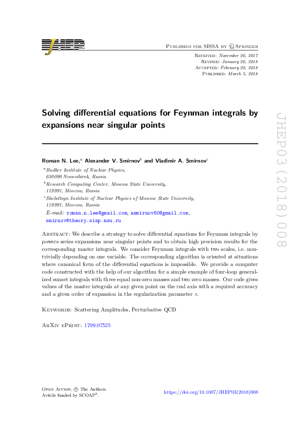 (PDF) Solving differential equations for Feynman integrals by expansions near singular points