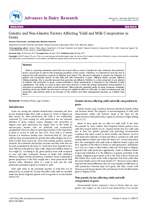 (PDF) Genetic and Non-Genetic Factors Affecting Yield and Milk Composition in Goats