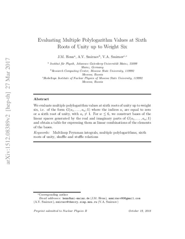 (PDF) Evaluating multiple polylogarithm values at sixth roots of unity up to weight six