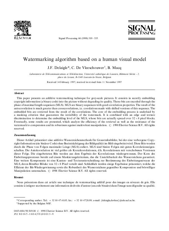 Pdf Watermarking Algorithm Based On A Human Visual Model C Vleeschouwer