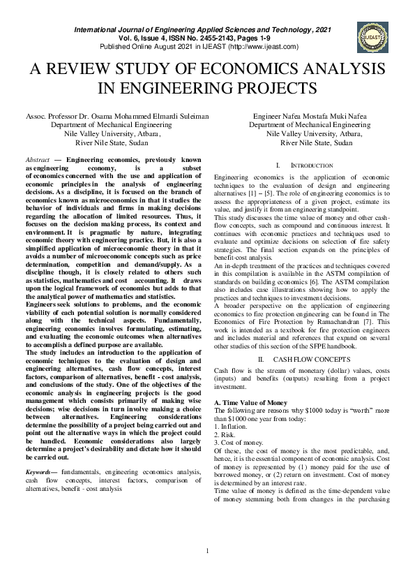 (PDF) A REVIEW STUDY OF ECONOMICS ANALYSIS IN ENGINEERING PROJECTS