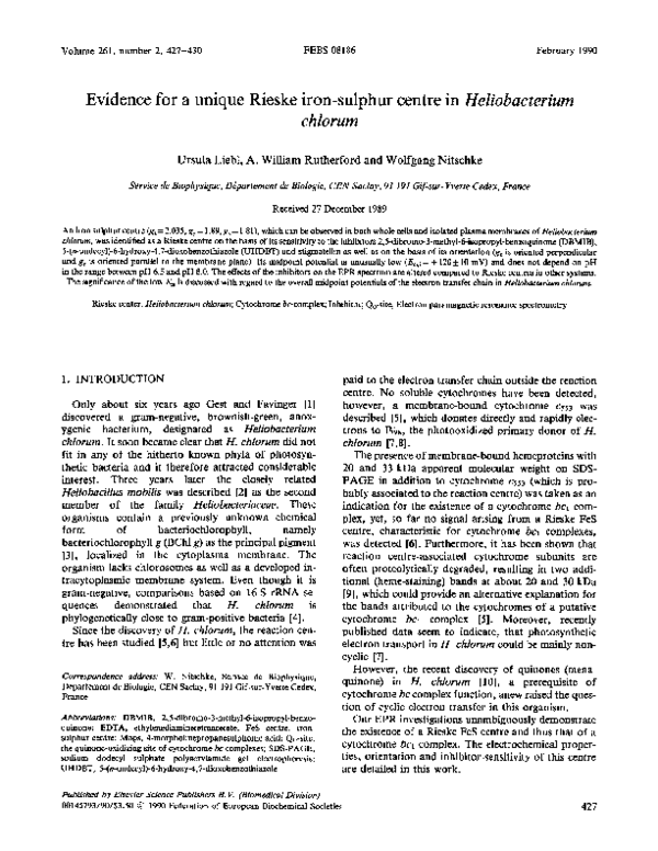 (PDF) Evidence for a unique Rieske iron-sulphur centre in ...