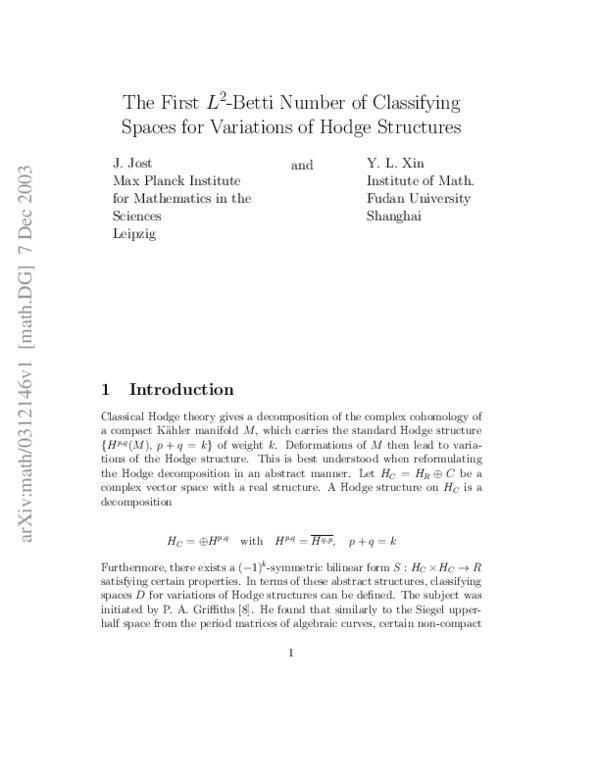 (PDF) The first $L^2$-Betti number for classifying spaces of variations of Hodge structures