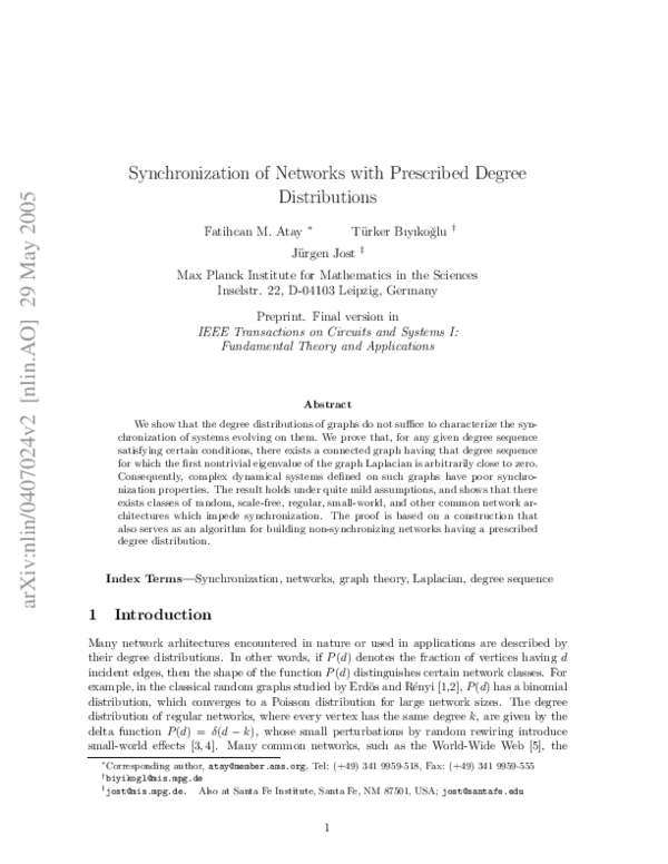 (PDF) Synchronization of networks with prescribed degree distributions