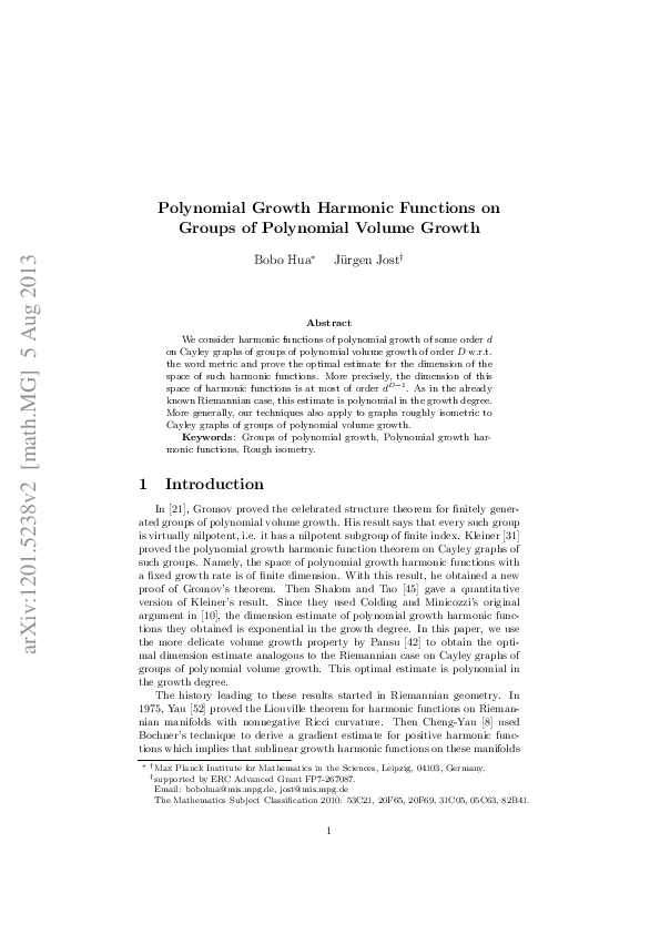 (PDF) Harmonic Functions of Polynomial Growth on Cayley Graphs