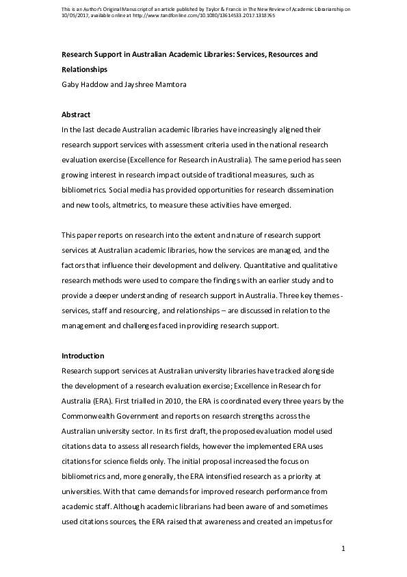 (PDF) Research Support in Australian Academic Libraries: Services ...
