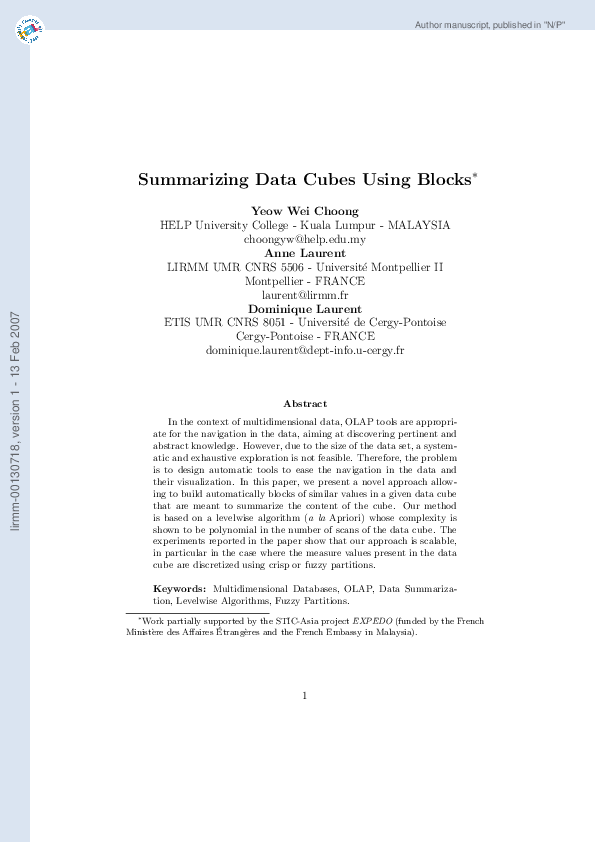 (PDF) Summarizing Data Cubes Using Blocks