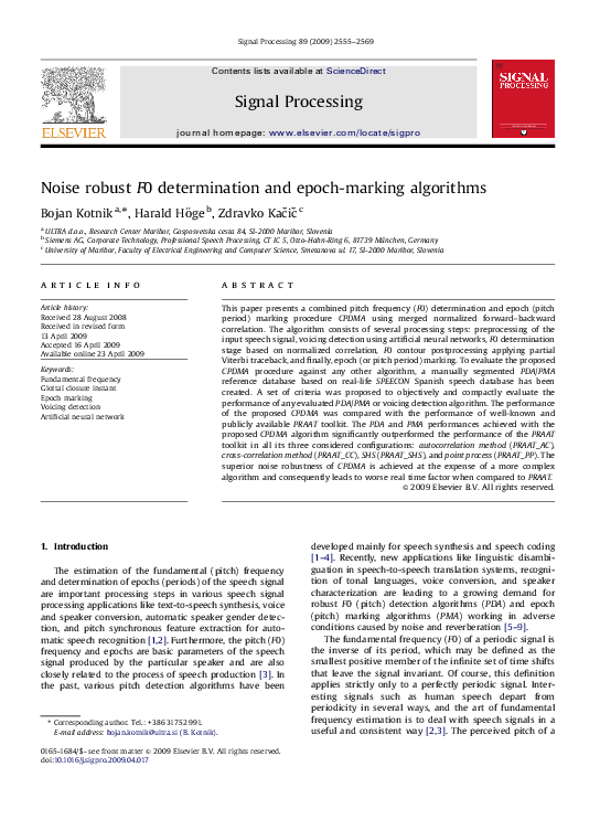 Pdf Noise Robust F0 Determination And Epoch Marking Algorithms