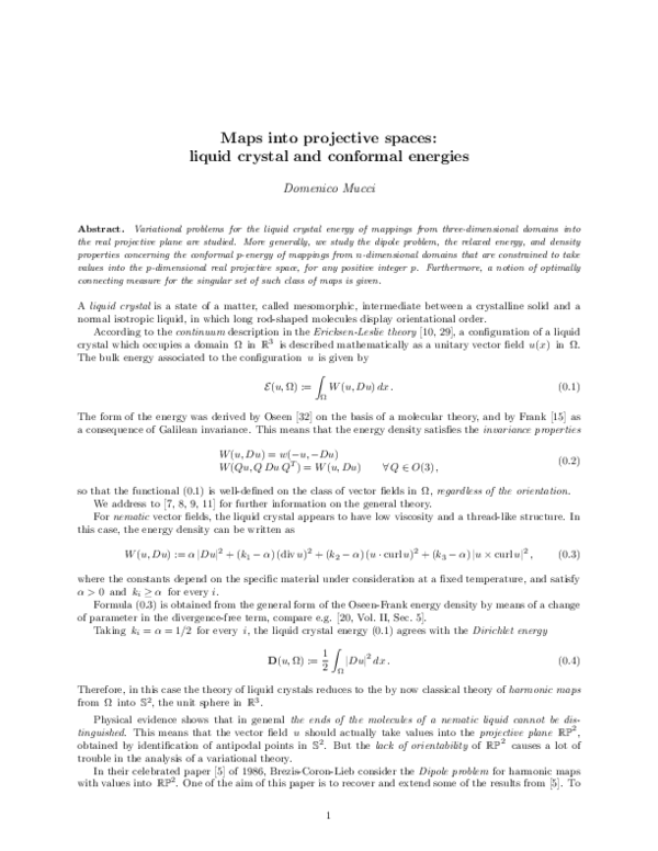 Pdf Maps Into Projective Spaces Liquid Crystal And Conformal Energies Domenico Mucci