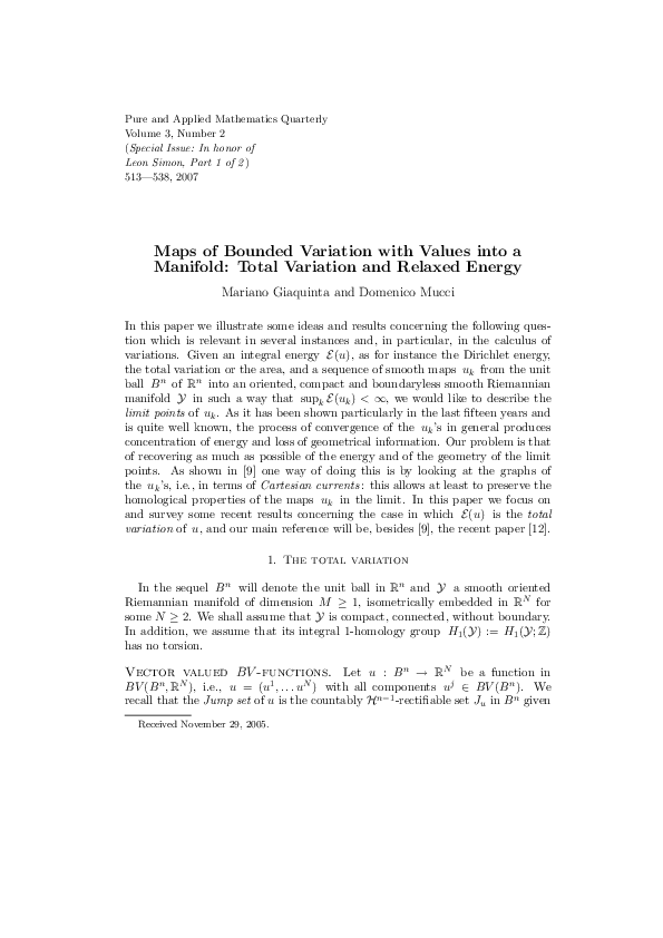 (PDF) Maps of Bounded Variation with Values into a Manifold: Total ...