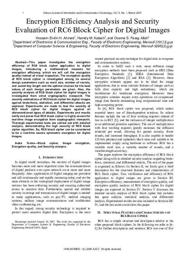 Pdf Encryption Efficiency Analysis And Security Evaluation Of Rc6 Block Cipher For Digital Images 