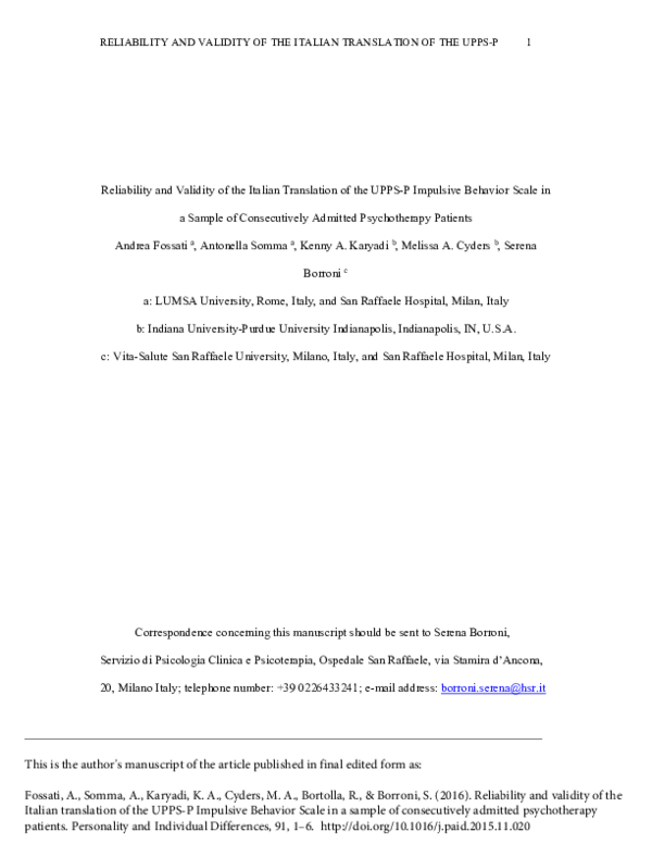 (PDF) Reliability and validity of the Italian translation of the UPPS-P Impulsive Behavior Scale ...