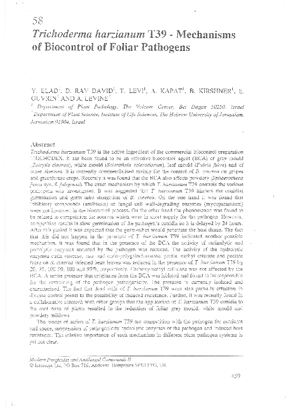 (PDF) Trichoderma harzianum T39-mechanisms of biocontrol of foliar pathogens