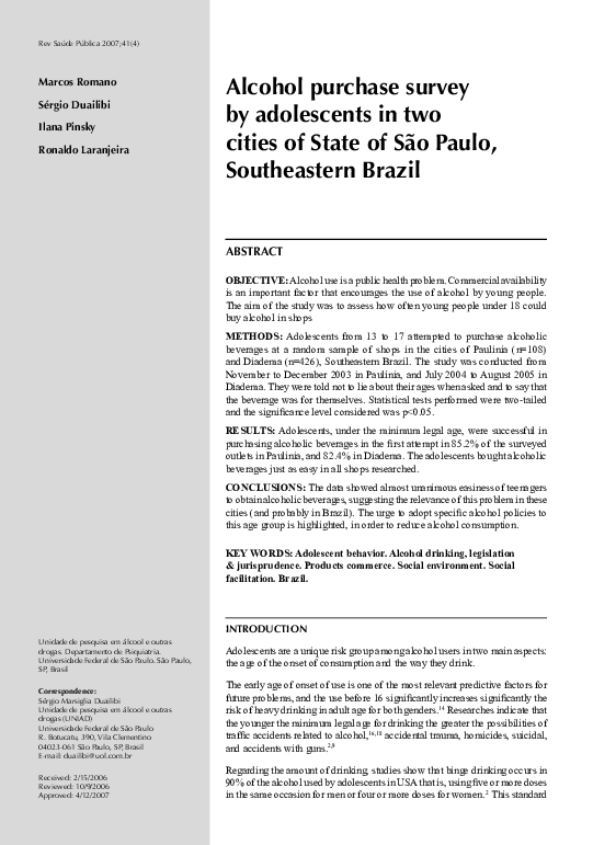 (PDF) Alcohol purchase survey by adolescents in two cities of State of ...