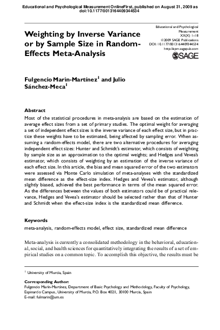 (PDF) Weighting by Inverse Variance or by Sample Size in Random-Effects Meta-Analysis