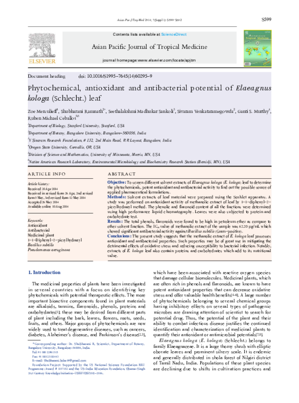 (PDF) Phytochemical, antioxidant and antibacterial potential of Elaeagnus kologa (Schlecht.) leaf