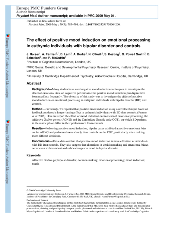 Pdf The Effect Of Positive Mood Induction On Emotional Processing In Euthymic Individuals With