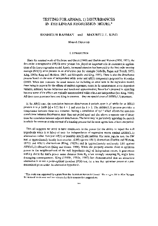 (PDF) Testing for ARMA(1, 1) Disturbances in the Linear Regression Model