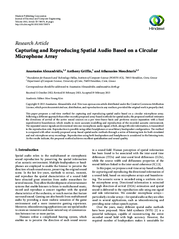 Pdf Capturing And Reproducing Spatial Audio Based On A Circular Microphone Array