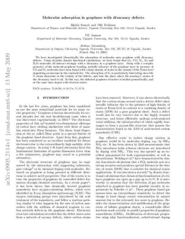 (PDF) Molecular adsorption in graphene with divacancy defects