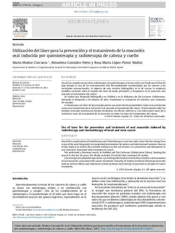 (PDF) Utilización del láser para la prevención y el tratamiento de la mucositis oral inducida ...