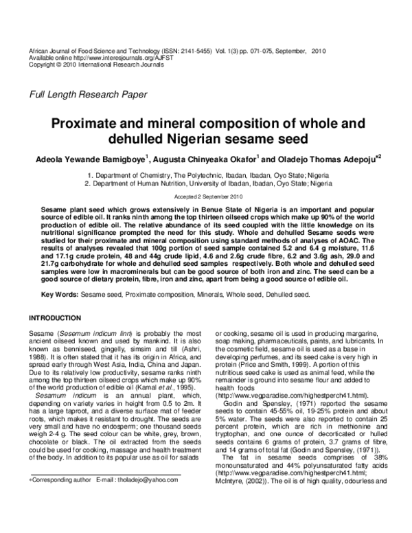 (PDF) Proximate and mineral composition of whole and dehulled Nigerian ...