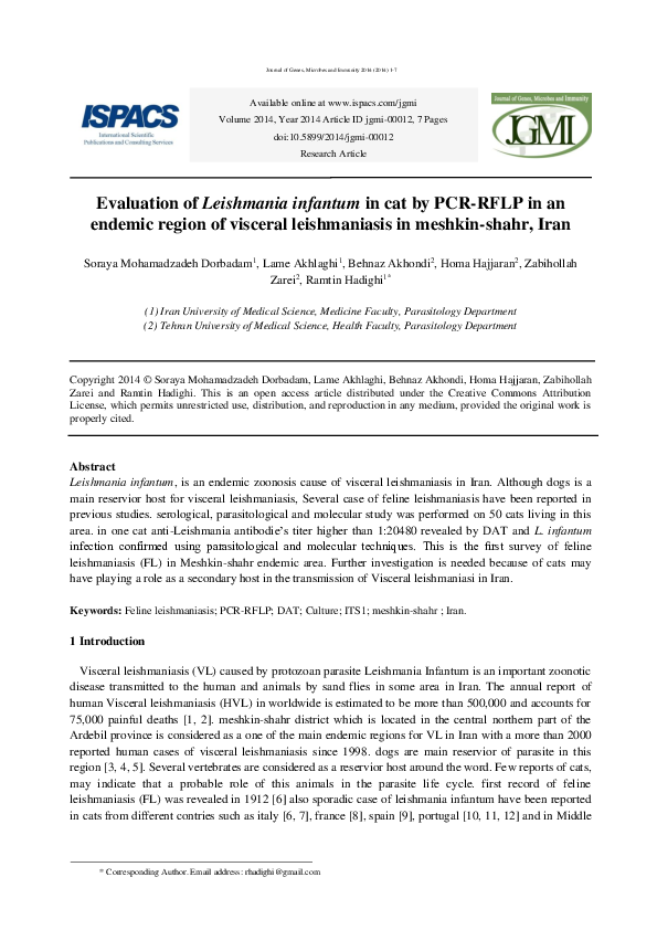 (PDF) Evaluation of Leishmania infantum in cat by PCR-RFLP in an ...