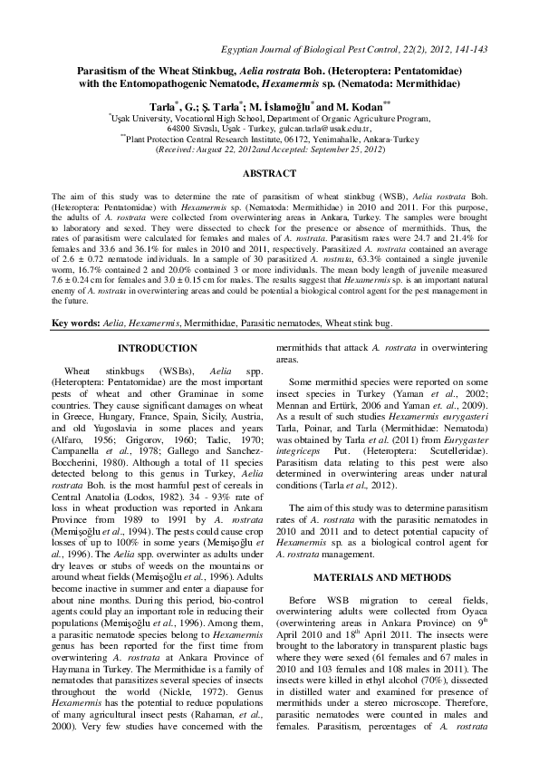 (PDF) Parasitism of the Wheat Stinkbug, Aelia rostrata Boh ...