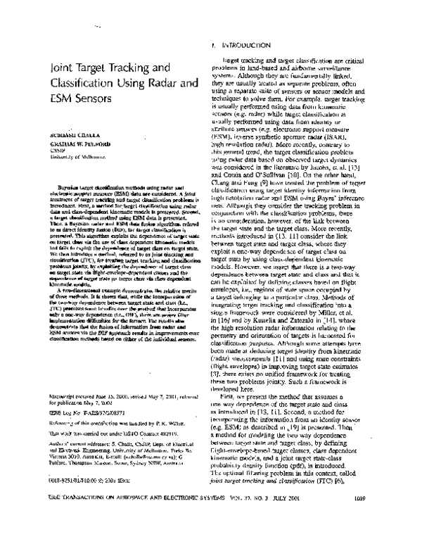 Pdf Joint Target Tracking And Classification Using Radar And Esm Sensors