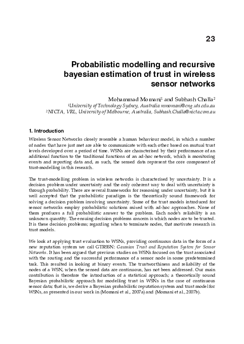 (PDF) Probabilistic Modelling and Recursive Bayesian Estimation of Trust in Wireless Sensor Networks