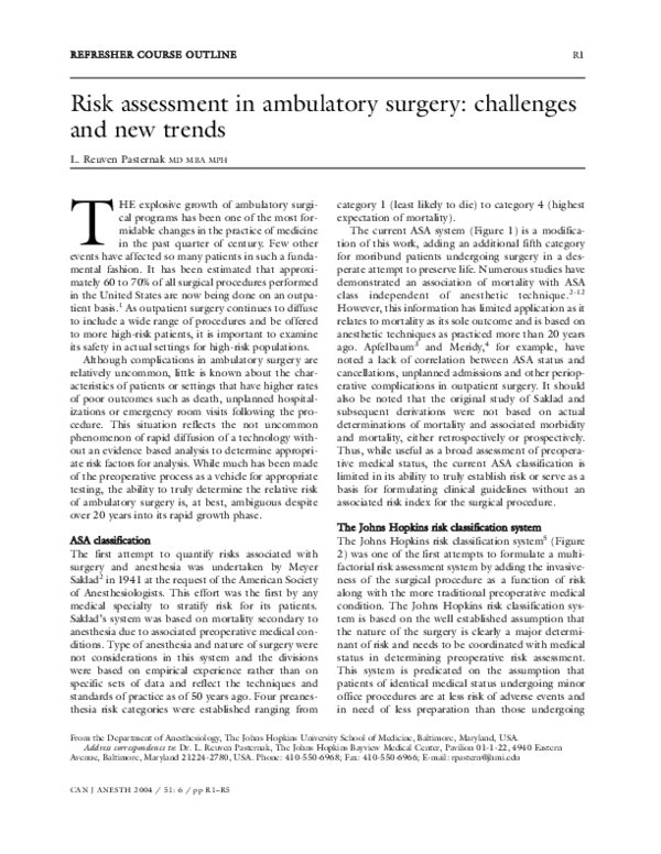 (PDF) Risk assessment in ambulatory surgery: challenges and new trends