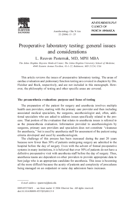 (PDF) Preoperative laboratory testing: general issues and considerations