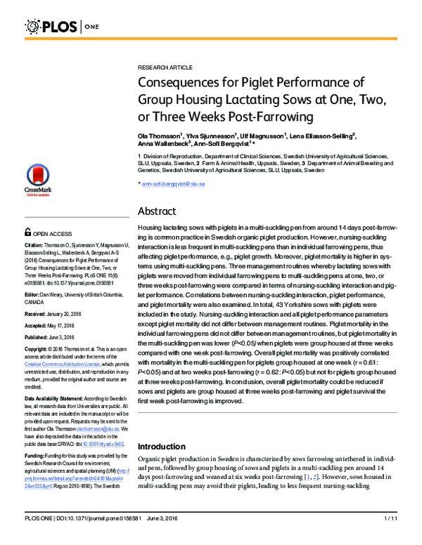 (PDF) Consequences for Piglet Performance of Group Housing Lactating ...