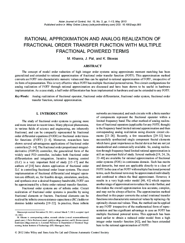 Pdf Rational Approximation And Analog Realization Of Fractional Order