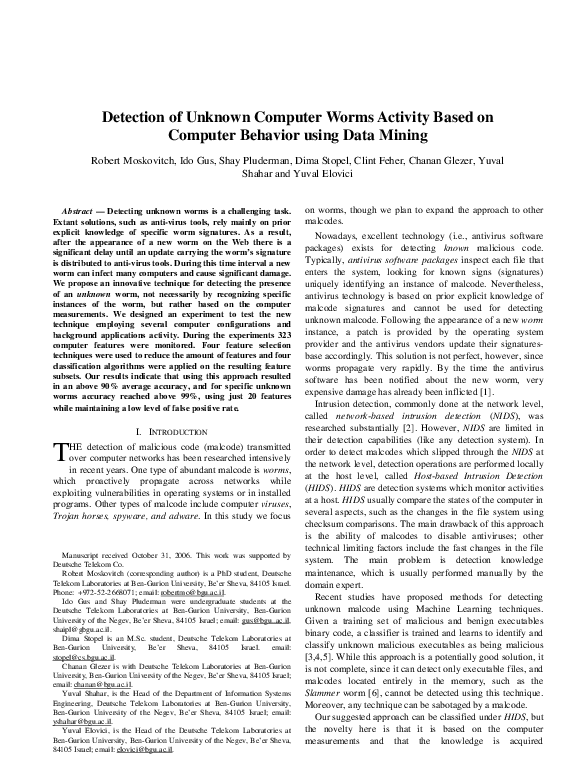 Pdf Detection Of Unknown Computer Worms Activity Based On Computer Behavior Using Data Mining