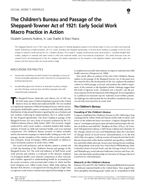 (PDF) The Children's Bureau and Passage of the Sheppard-Towner Act of ...