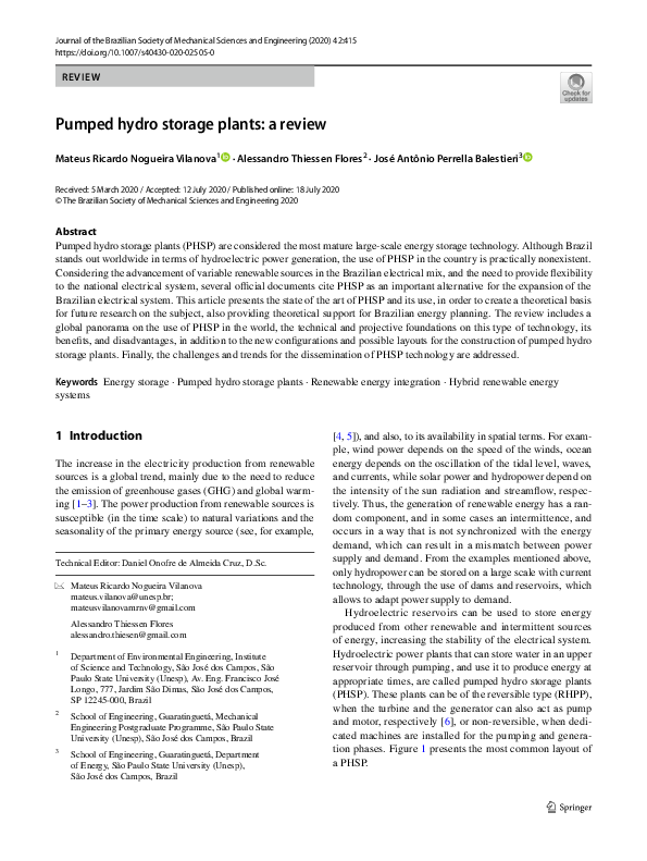(PDF) Pumped hydro storage plants: a review